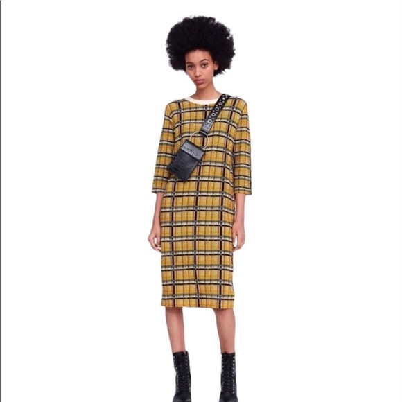 Zara | Dresses | Zara Mixed Texture Plaid Print Midi Dress Medium ...
